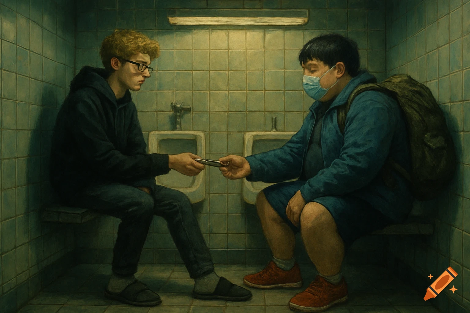 Two teenage boys sit on benches in a tiled bathroom, passing an object ...