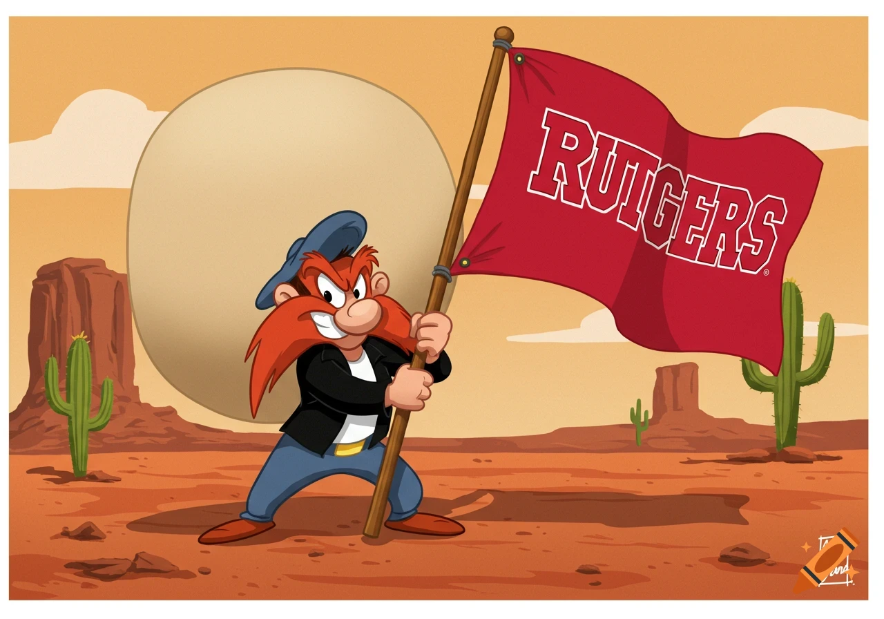 Yosemite Sam holds a Rutgers flag in a desert landscape. on Craiyon
