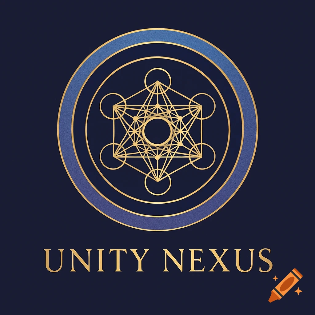 Logo with gold sacred geometry symbol inside blue and gold circles and ...