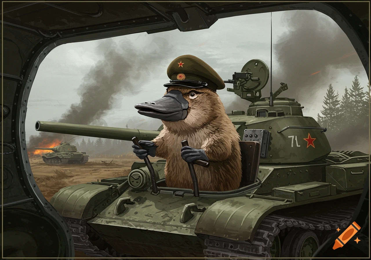 Platypus in a military uniform drives a tank in a battlefield scene. on ...