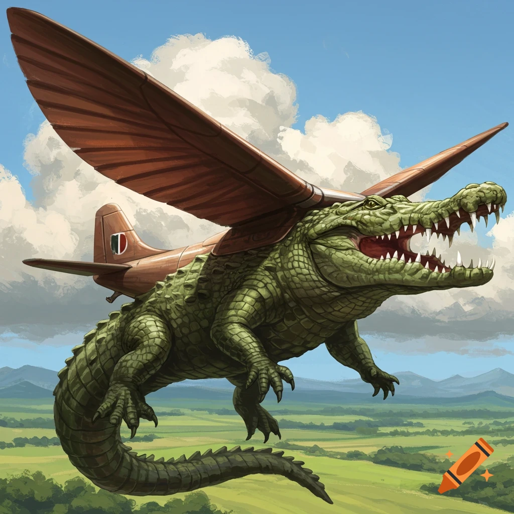 Illustration of a crocodile with airplane wings and tail flying over a ...
