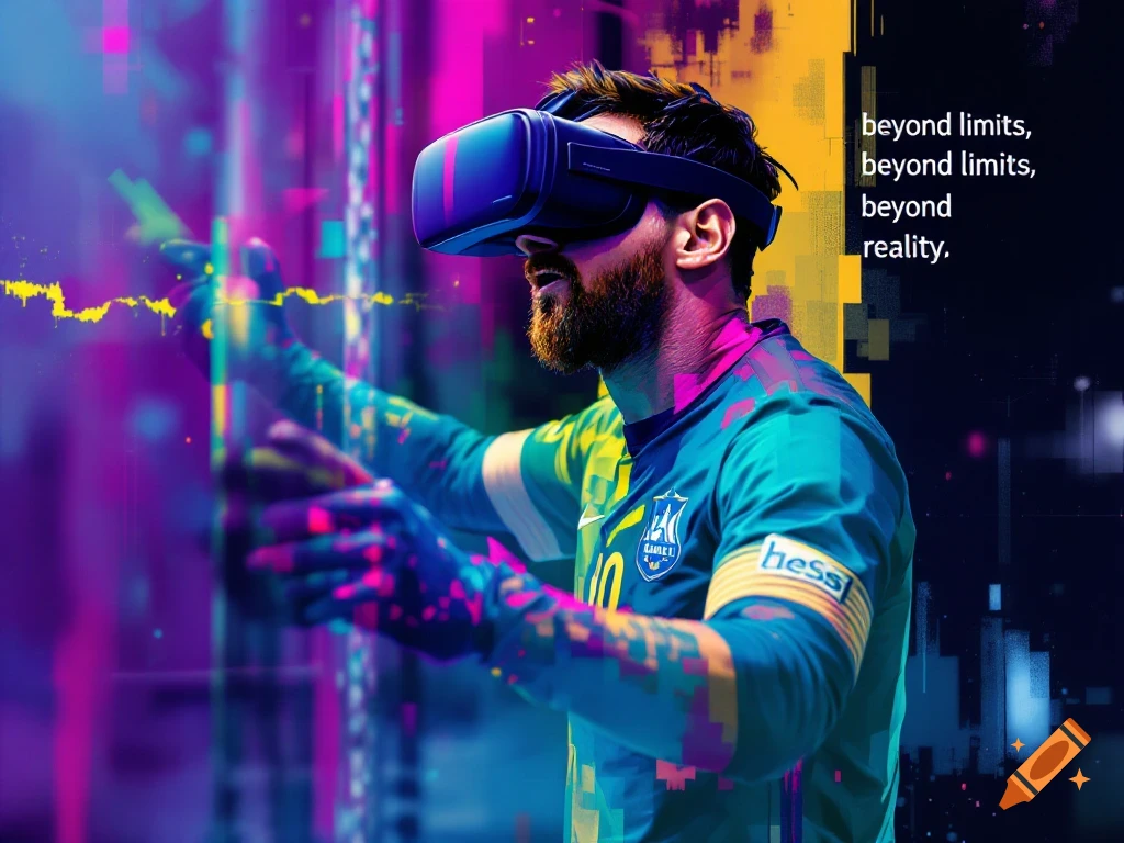 Man in a VR headset interacting with a digital interface, with text on ...