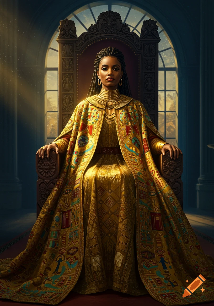 An African American queen in a golden, patterned cape sits on a throne ...