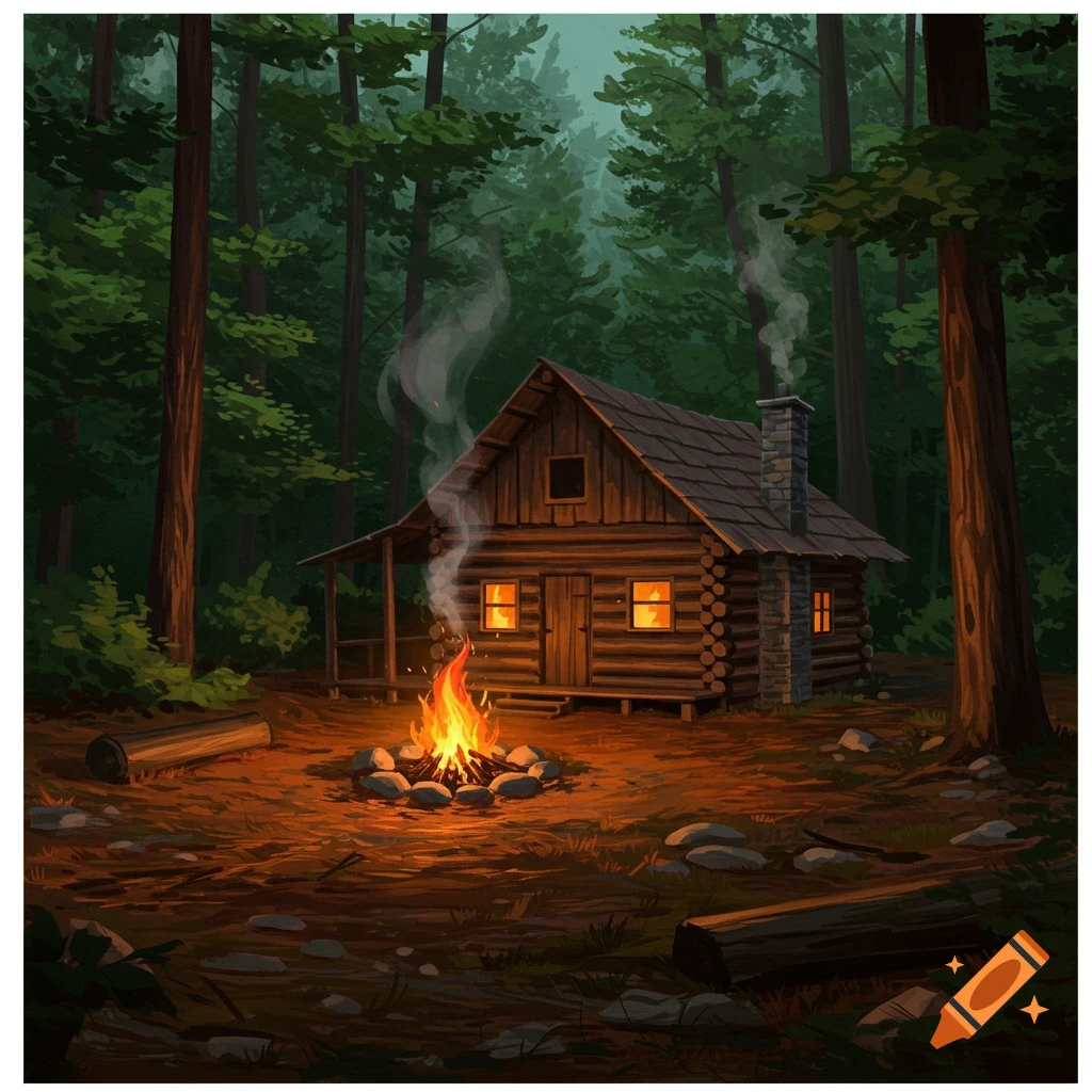 A log cabin in a dark forest with a campfire burning outside. on Craiyon