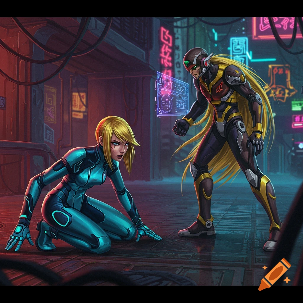 Zero stands over Samus in a neon-lit cyberpunk street. on Craiyon