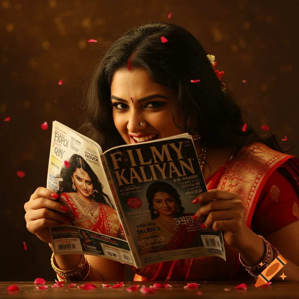 Woman in red sari smiles while holding a magazine, petals falling. on ...