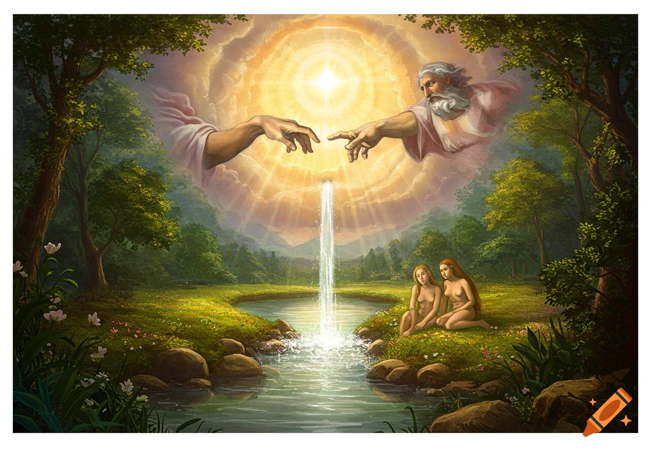 God's hands reach towards Adam and Eve in the Garden of Eden with a ...