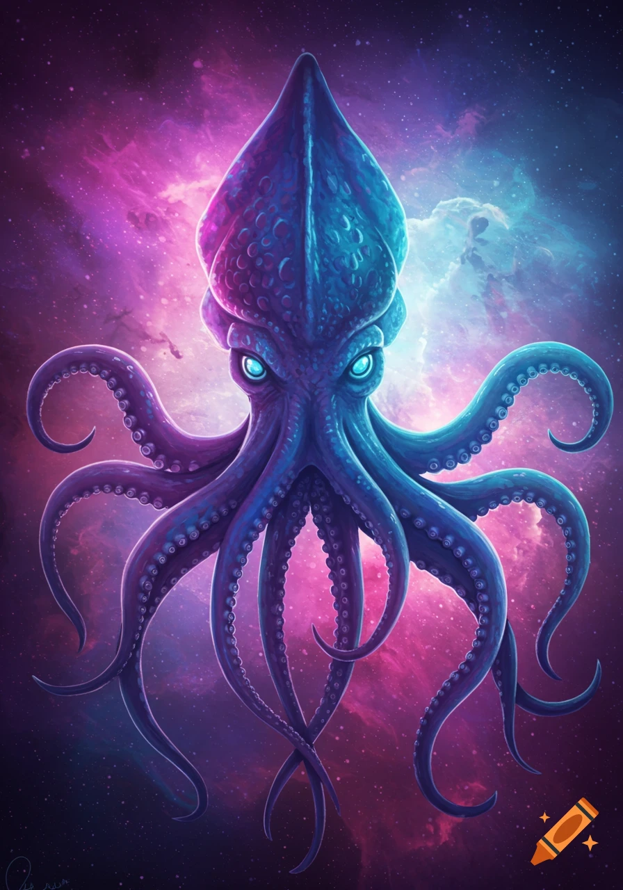 A large blue and purple cephalopod with glowing eyes against a colorful ...