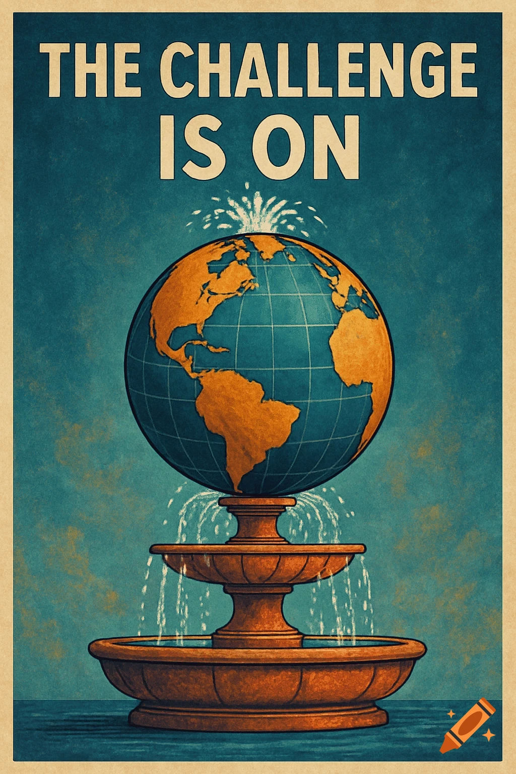 A vintage style poster shows a globe on a fountain with water spraying ...