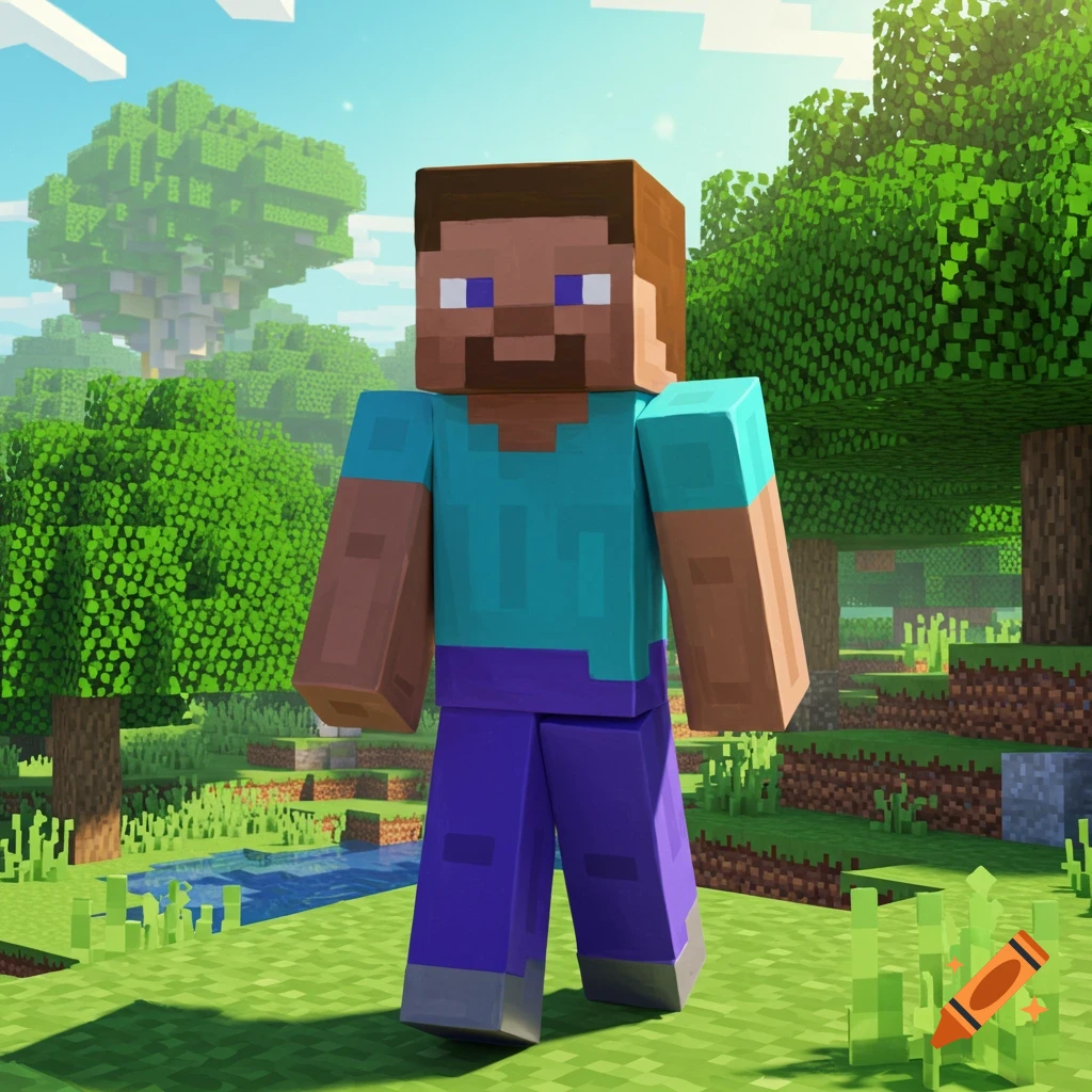 Minecraft Steve stands in a grassy landscape with trees and a river. on ...