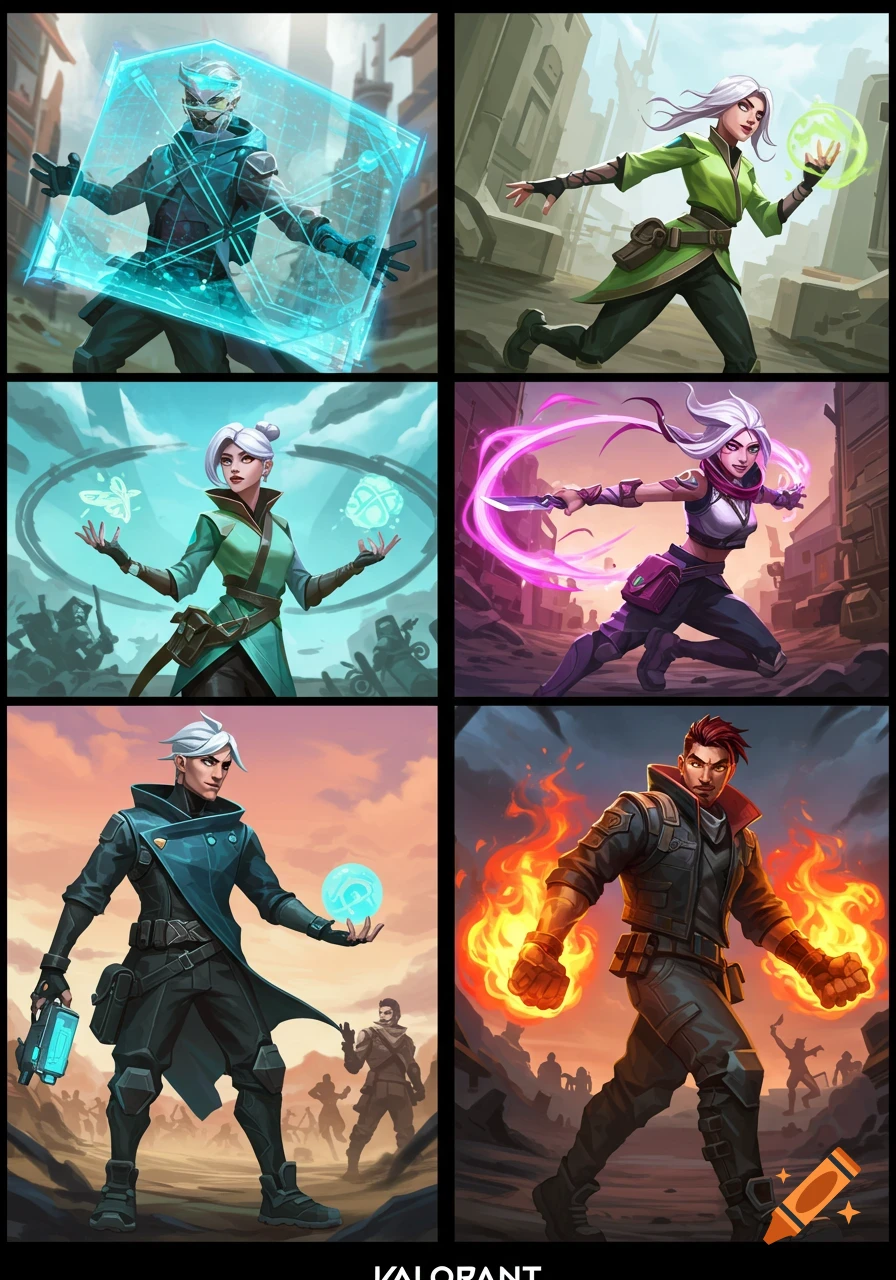 Six stylized illustrations of Valorant-like characters using powers in ...