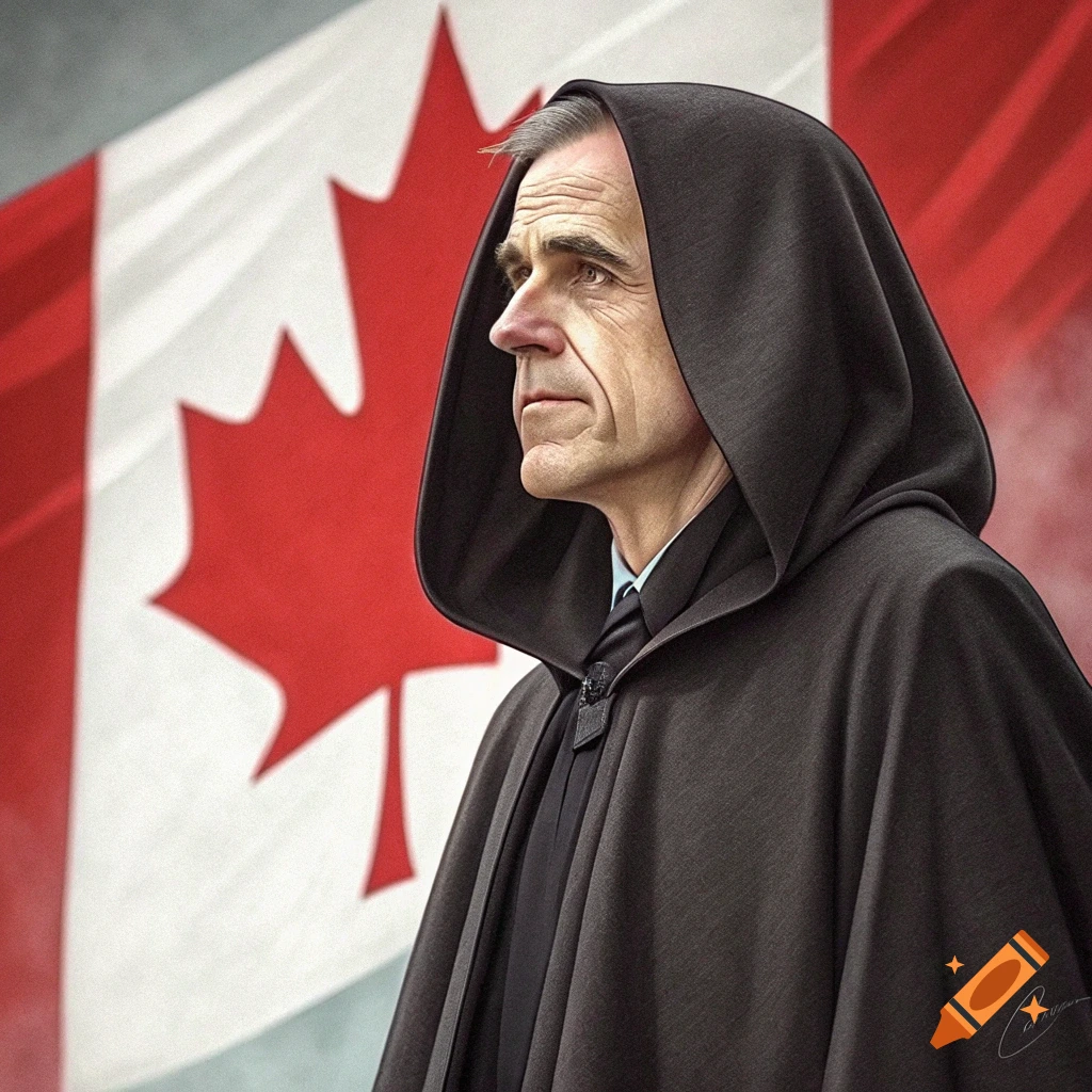 Portrait of a man in a dark hooded cloak against a Canadian flag. on ...