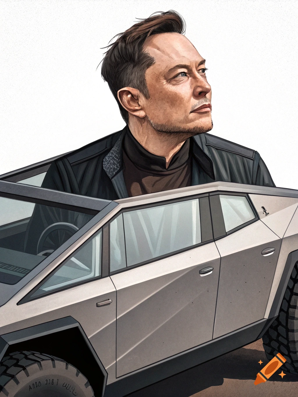 Illustration of Elon Musk behind a grey Cybertruck. on Craiyon