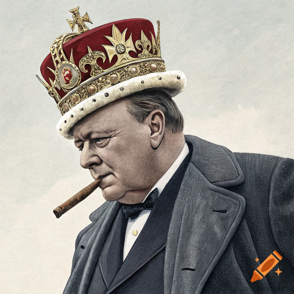 Illustration of Winston Churchill wearing a large jeweled crown and ...