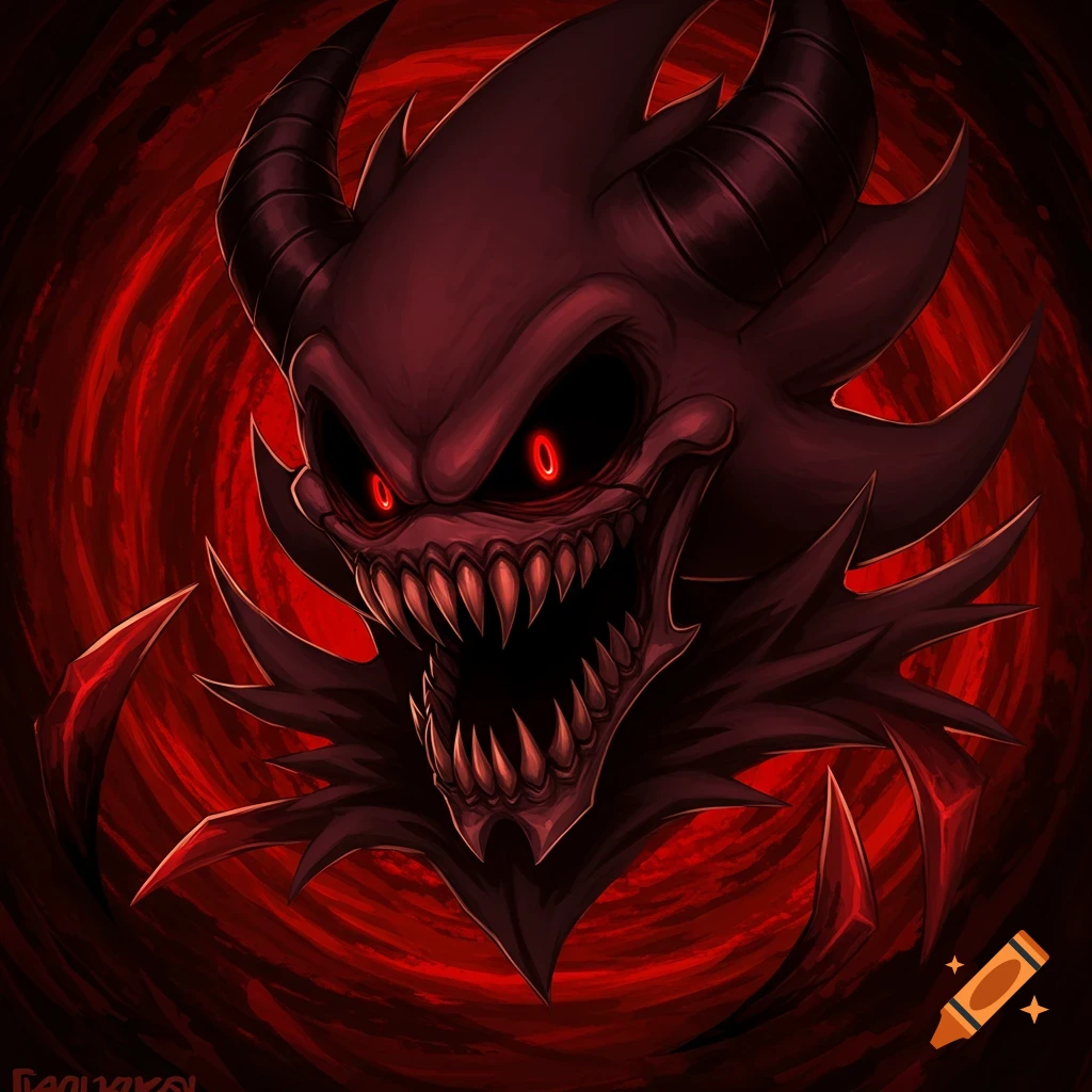 A dark red demonic creature with glowing red eyes, horns, and sharp ...