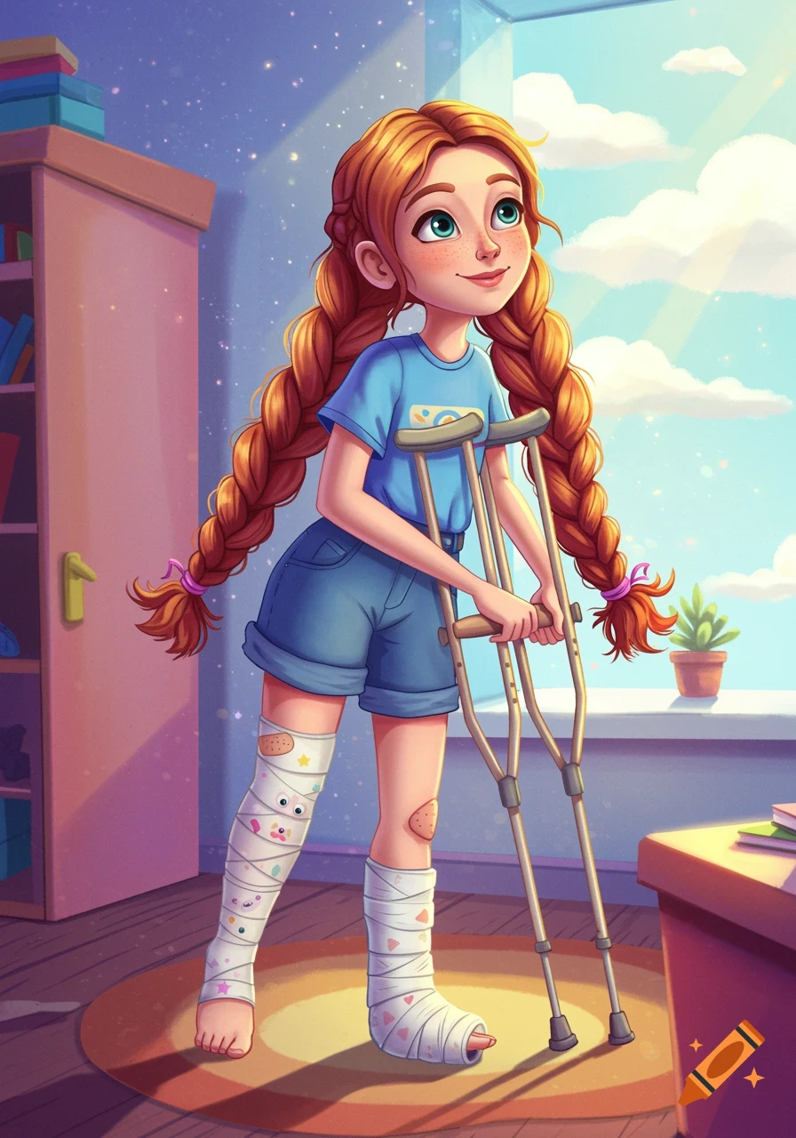 Cartoon girl with red braids and leg casts stands with crutches in a ...