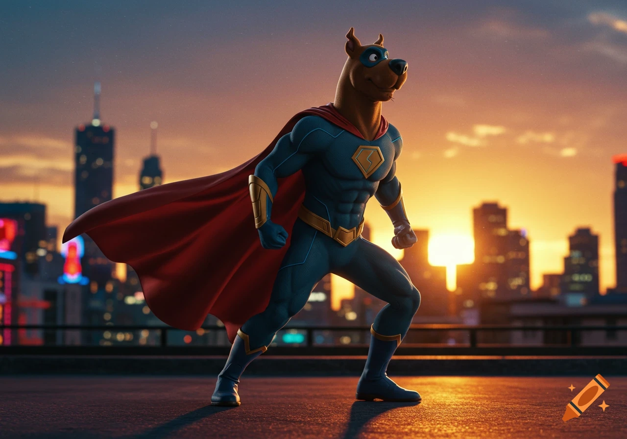 Scooby Doo in a superhero costume poses heroically on a rooftop at ...