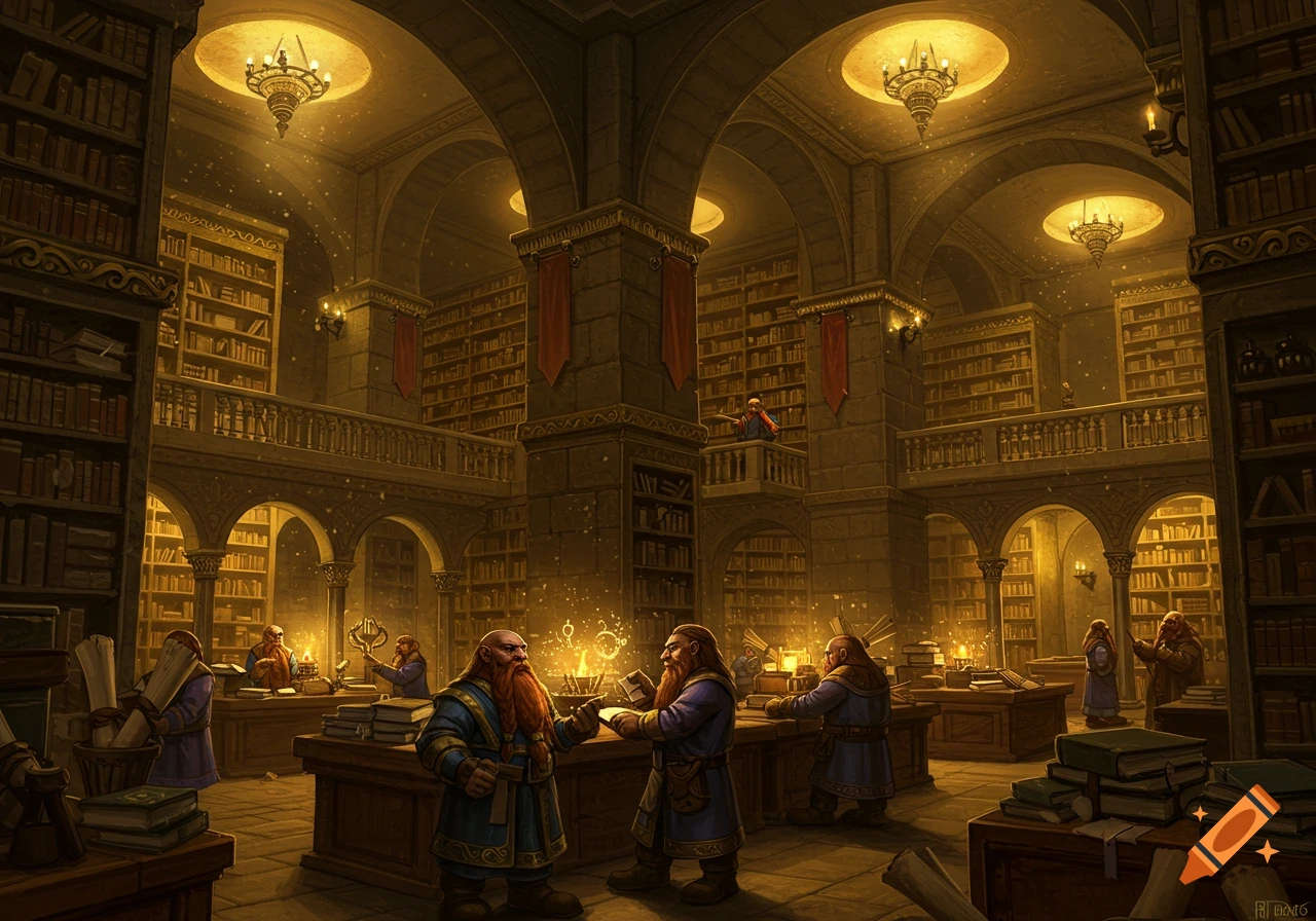 Fantasy illustration of dwarves in a grand underground library filled ...