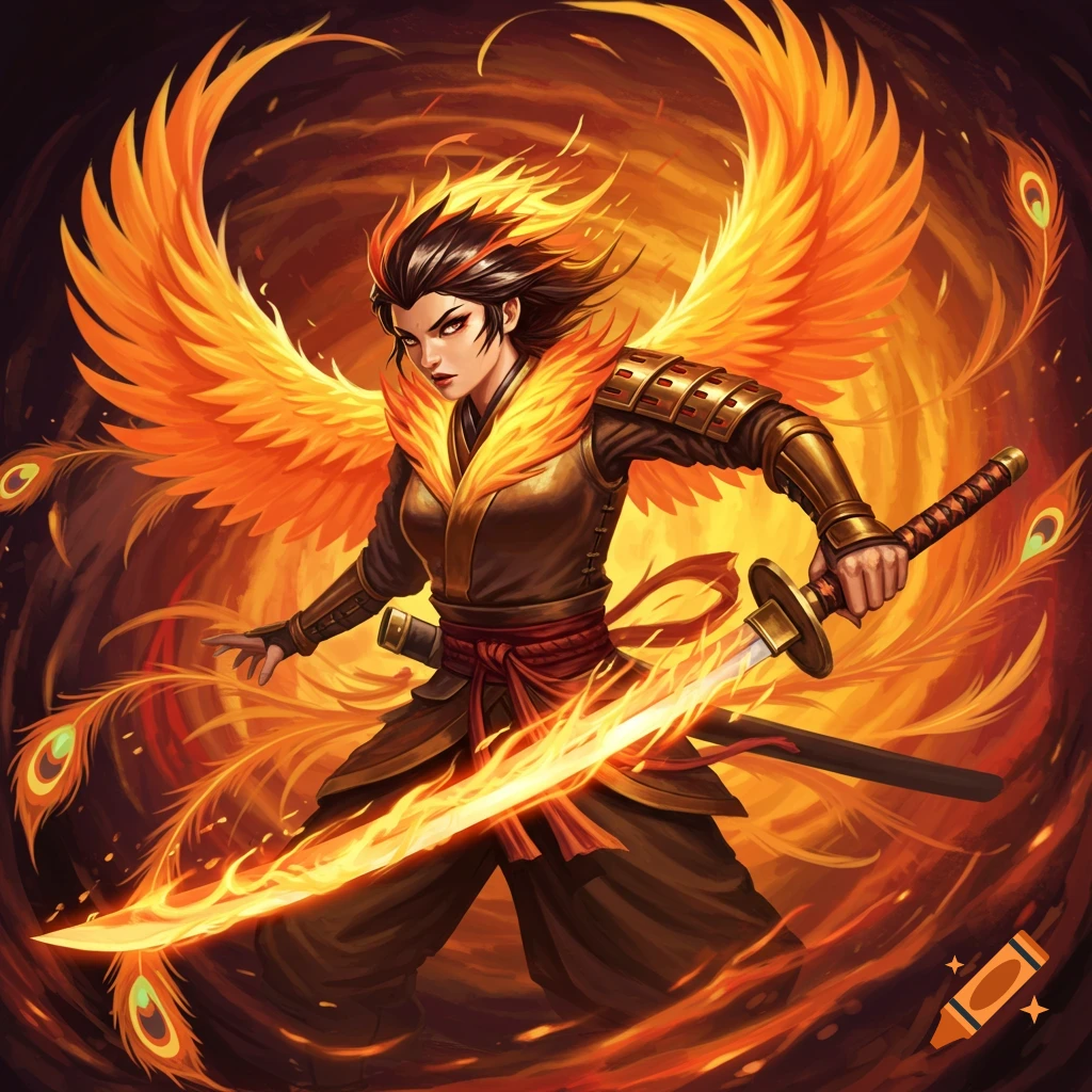A female warrior with fiery phoenix wings holds a flaming katana in a stylized digital painting ...