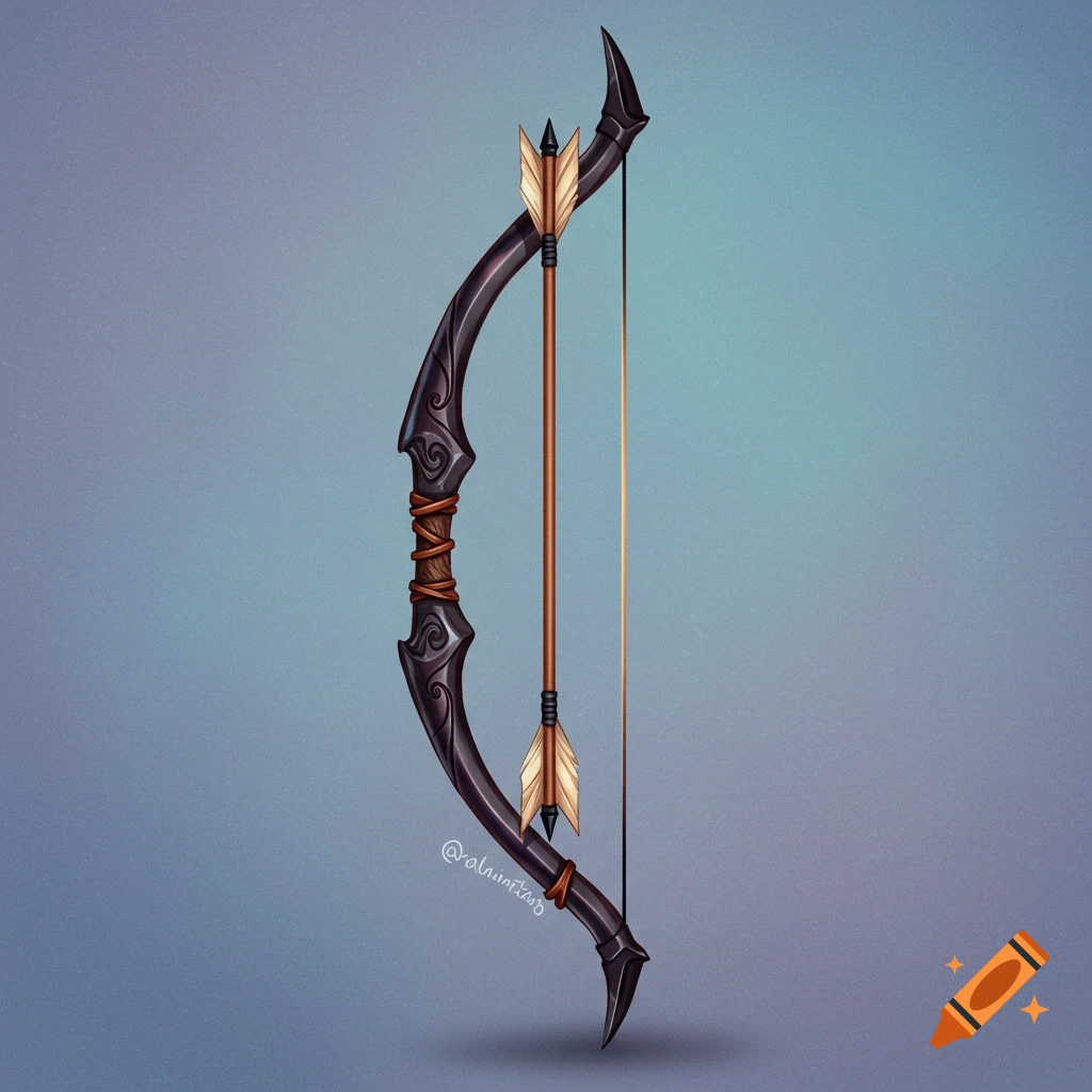 A stylized dark bow with bronze details and an arrow stands upright ...