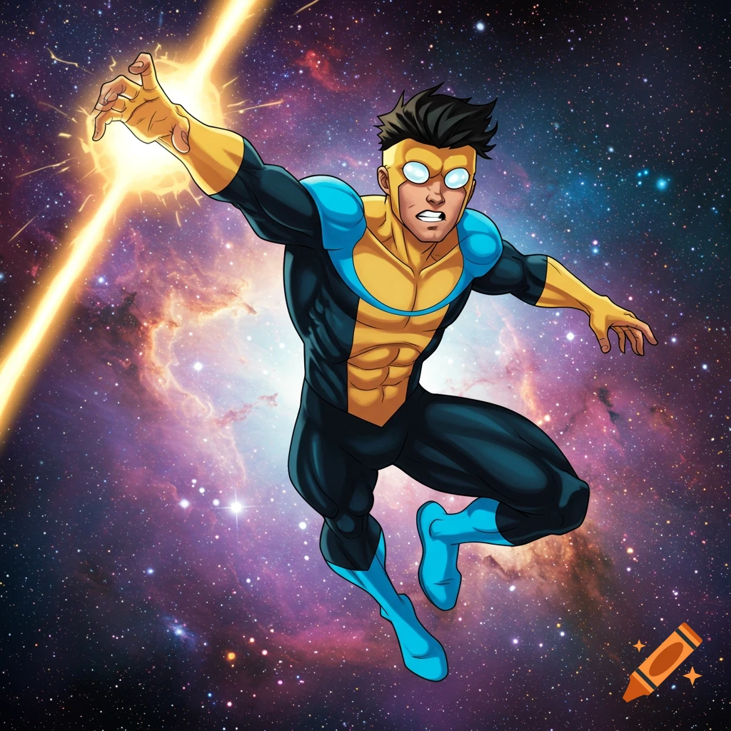 Invincible in his superhero suit flying through space in a comic book ...
