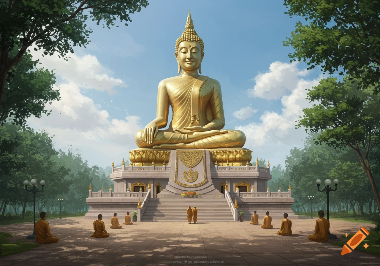 Large golden Buddha statue on a platform with monks meditating in front ...