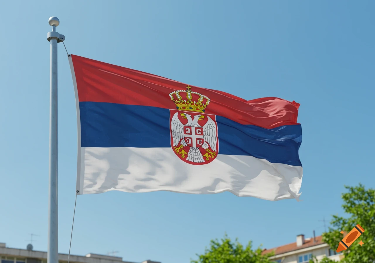 The Serbian flag waves in the wind against a clear blue sky. on Craiyon