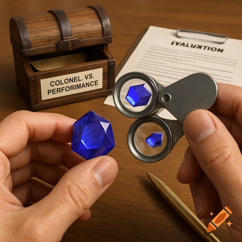 Hands holding a gemstone and jeweler's loupe over a chest and document ...