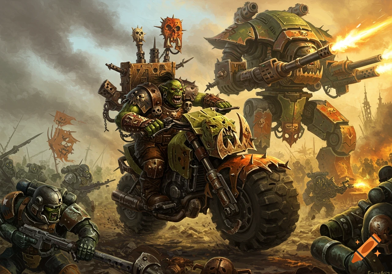 Ork on a motorbike and a large walker machine in a fantasy battle scene ...