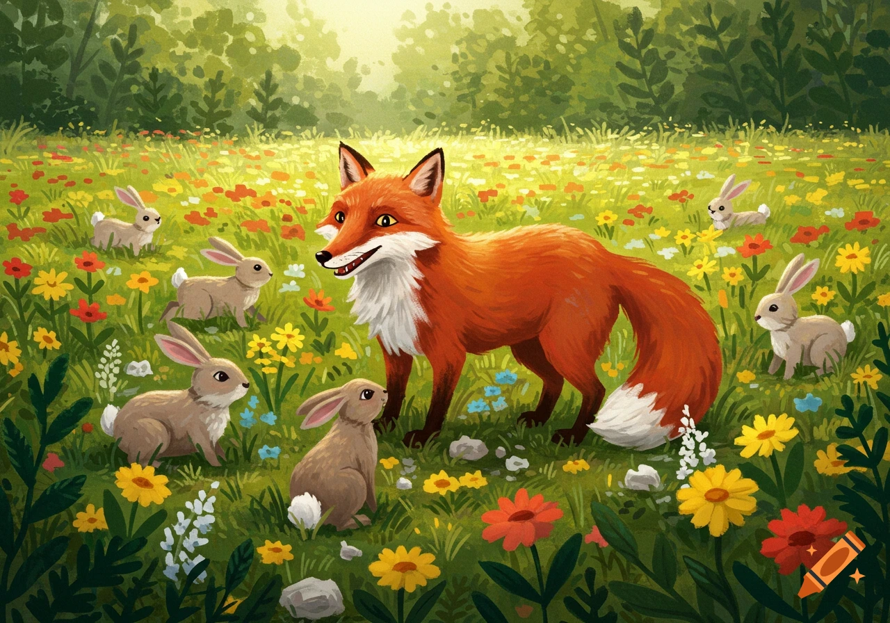 Illustration of a fox standing among many rabbits in a field of flowers. on Craiyon