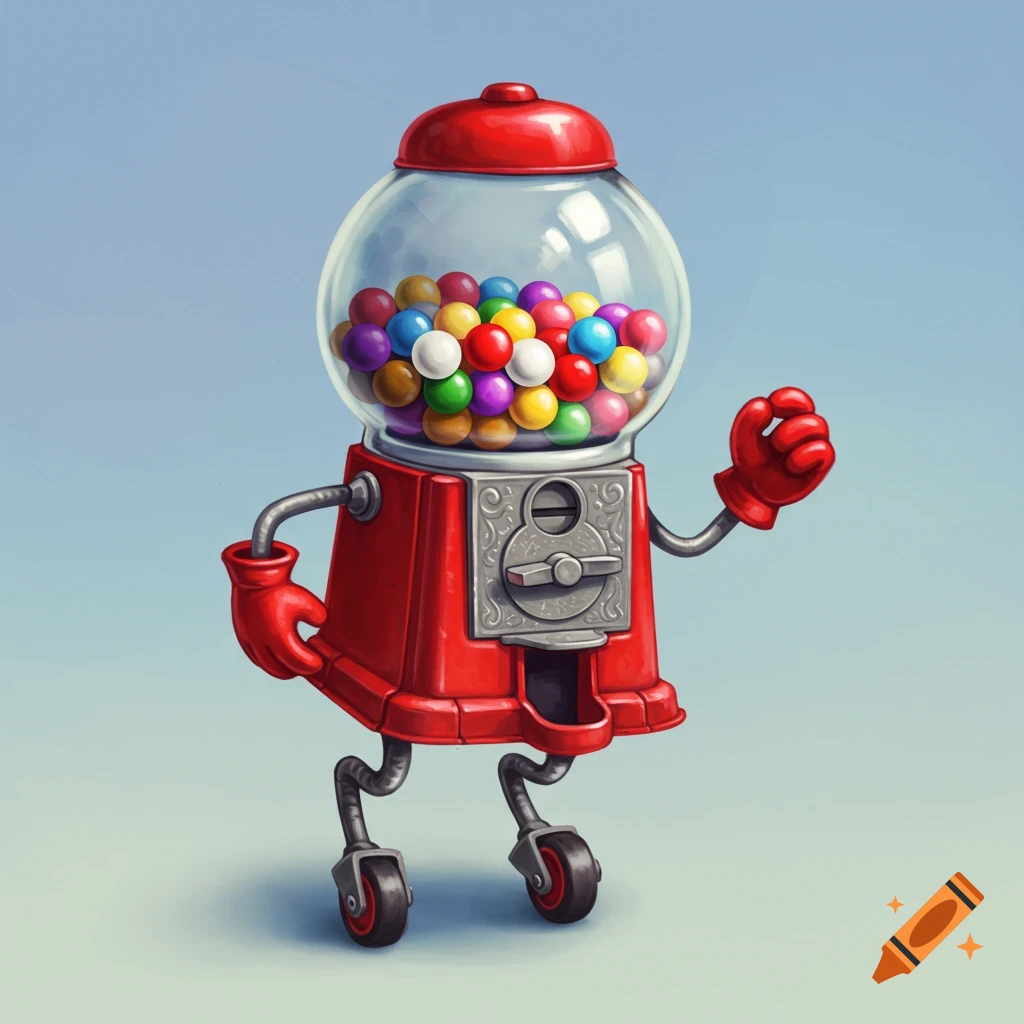 A red gumball machine character with wheels for legs and arms wearing ...