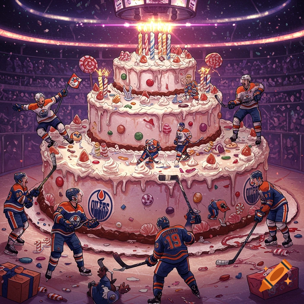 Oilers hockey players celebrate on a giant birthday cake in an arena ...