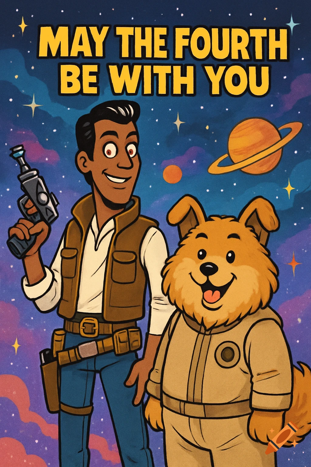 Cartoon man and dog dressed like Spaceballs characters in space with ...