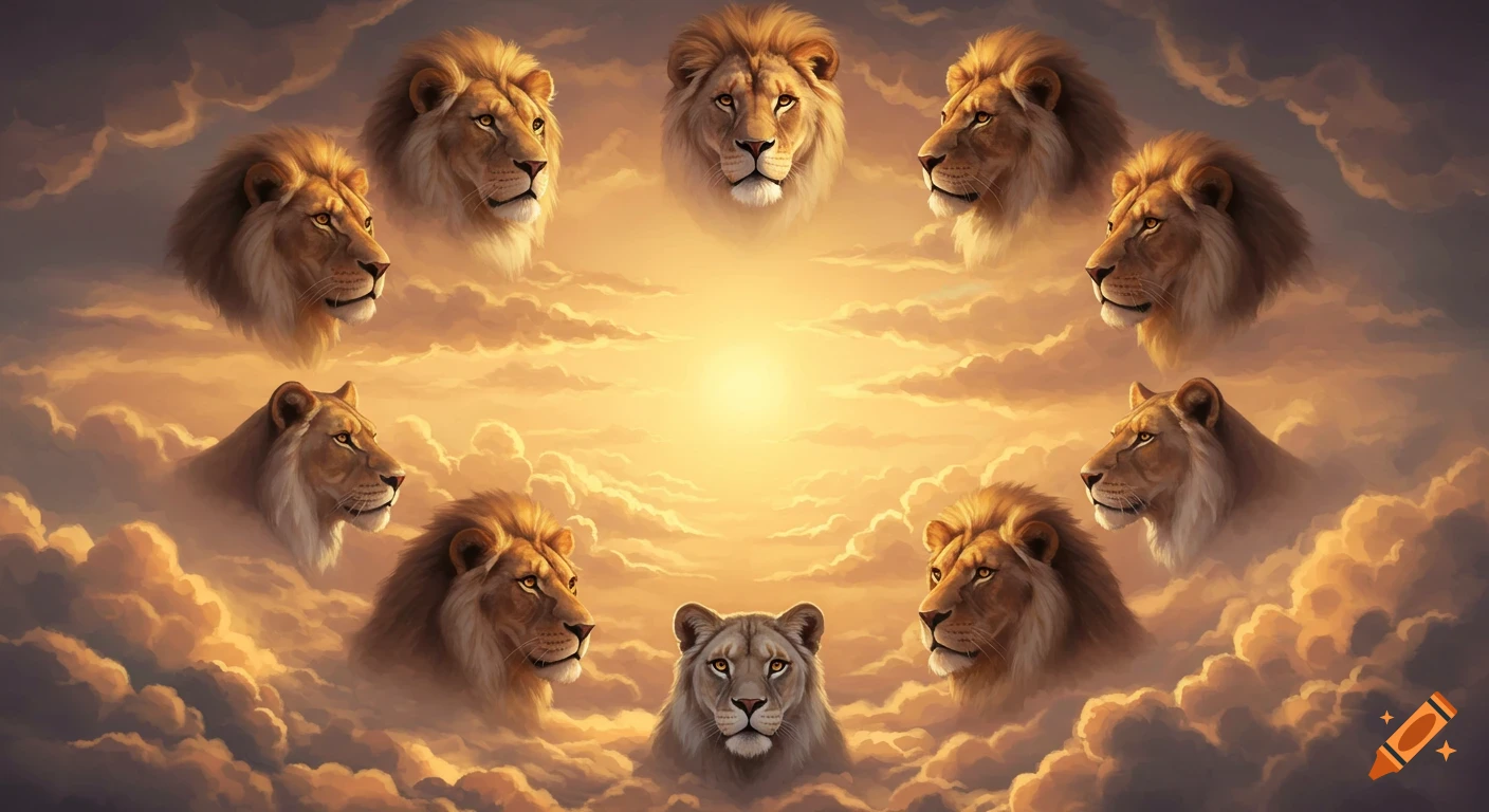 Nine lion heads in clouds surrounding a bright light source. on Craiyon
