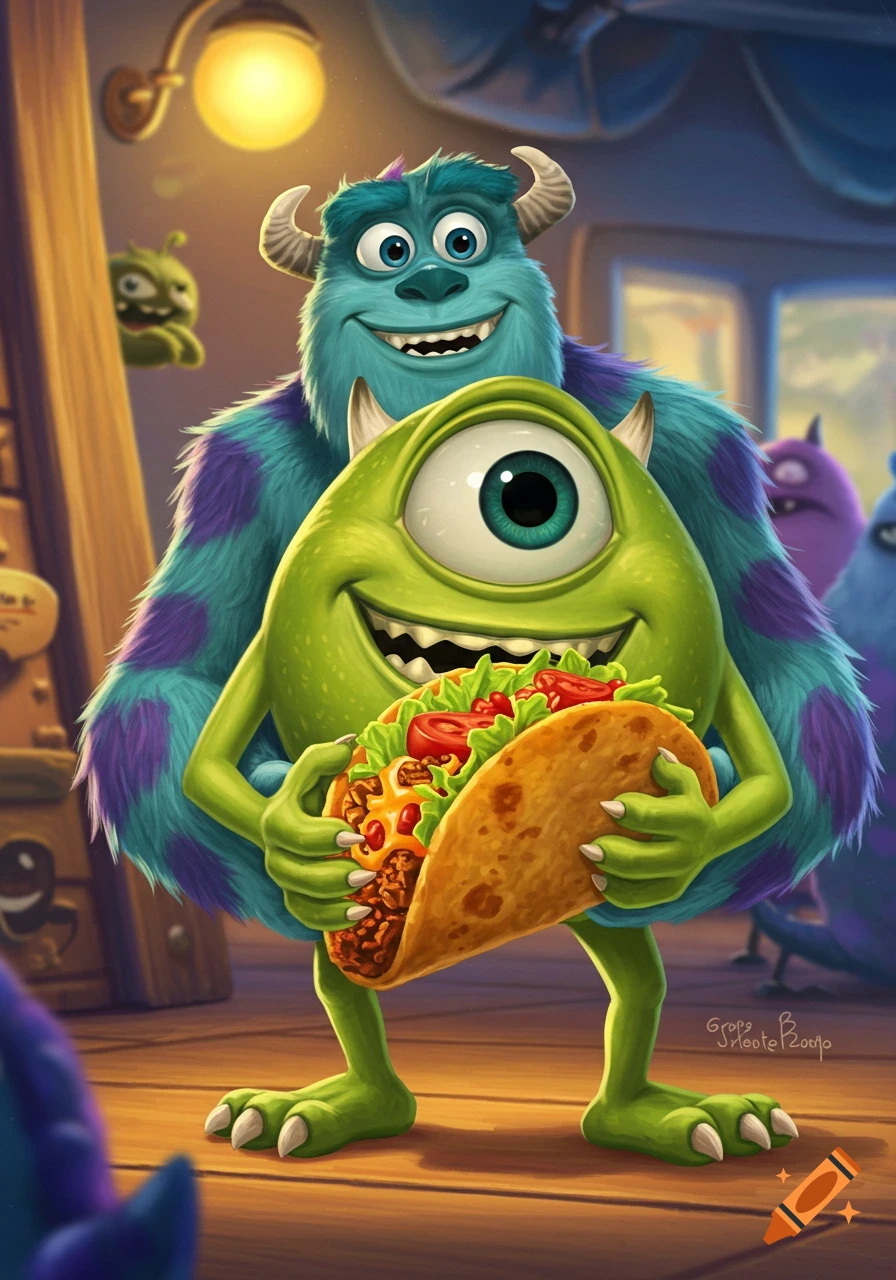 Mike Wazowski and Sulley from Monsters, Inc. holding a taco. Digital ...