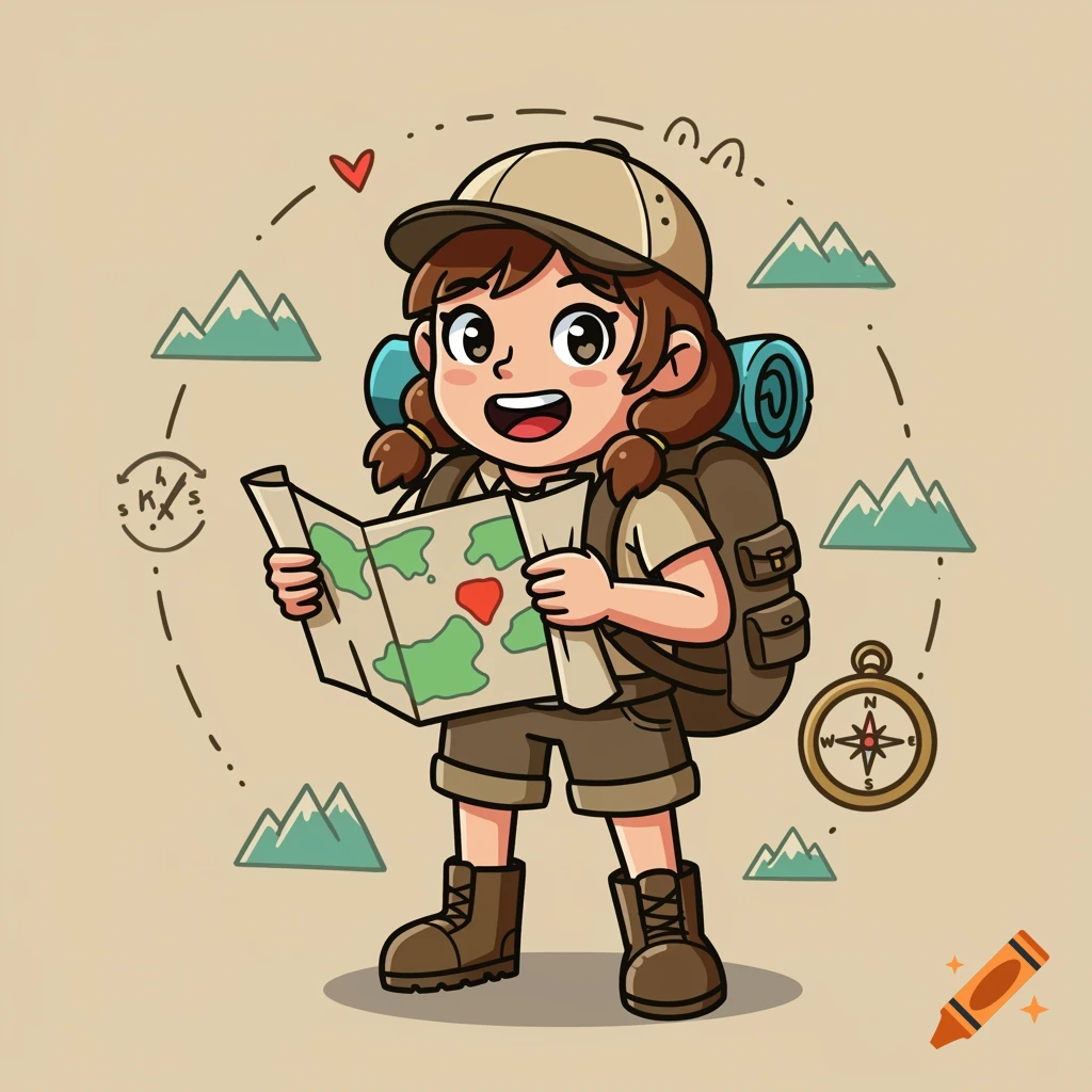 Cartoon girl explorer with backpack and map, surrounded by mountains ...
