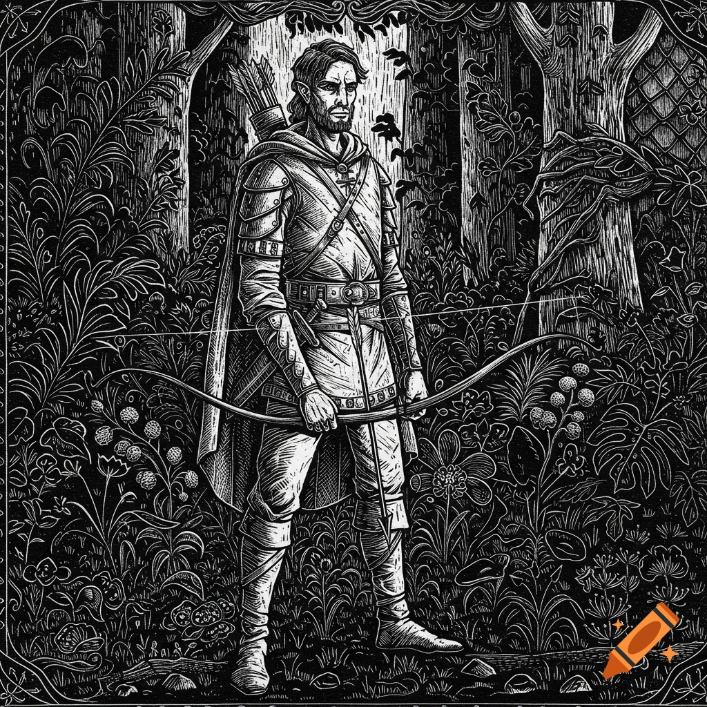 Black and white linocut illustration of a fantasy ranger in a forest ...