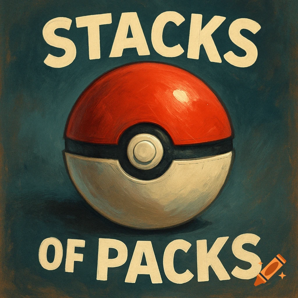 Stylized illustration of a Pokeball with 'Stacks of Packs' text. on Craiyon