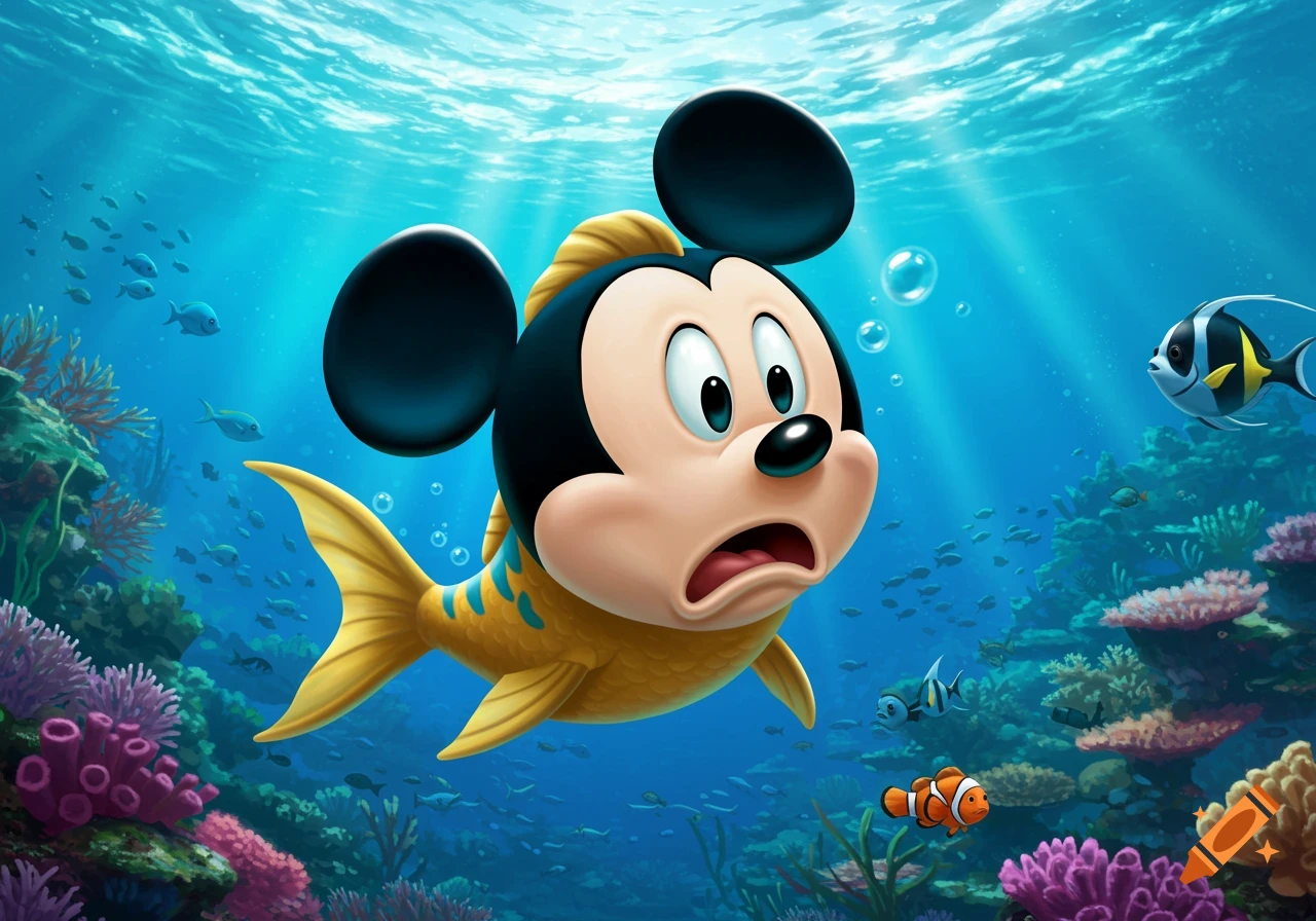 Mickey Mouse as a scared fish underwater on Craiyon