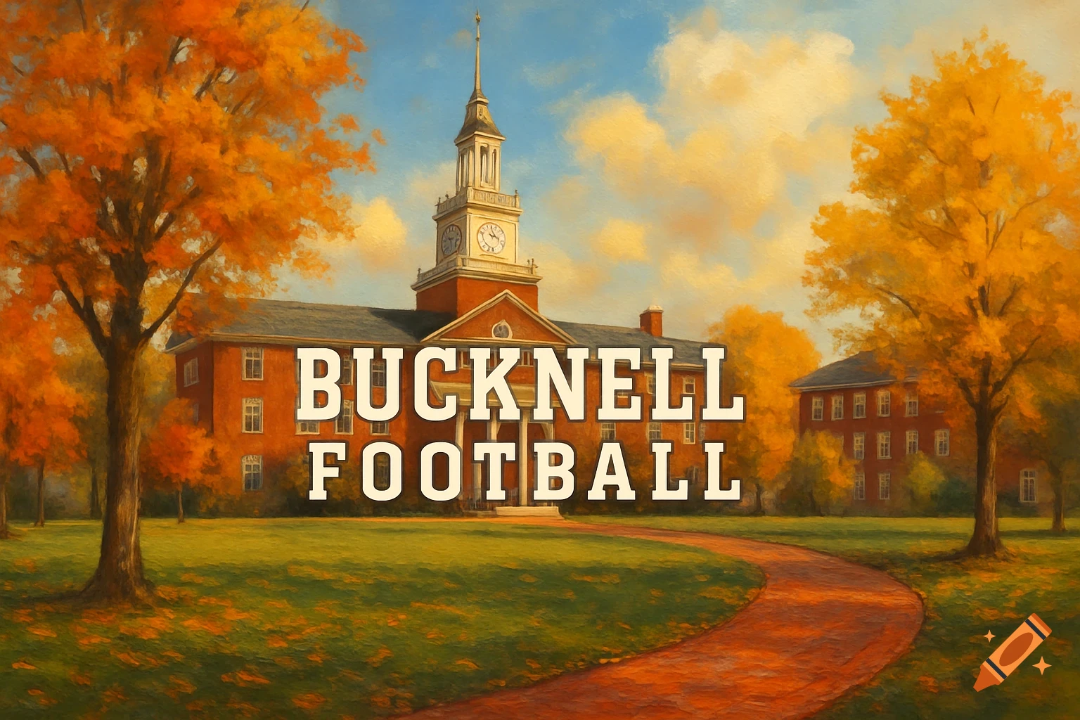 Painterly view of a university building and autumn trees with 'BUCKNELL ...