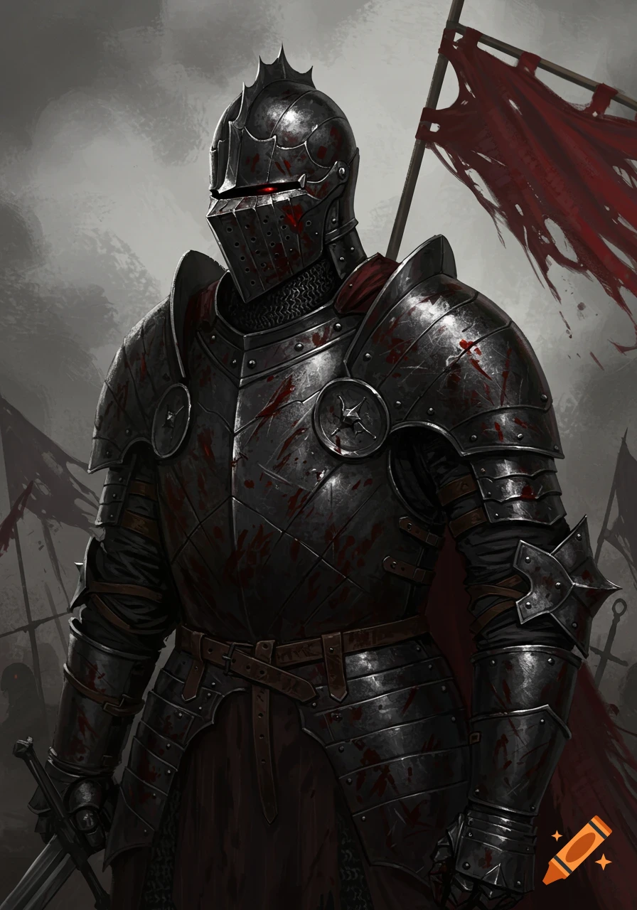 Digital painting of a knight in blood-splattered black armor holding a ...