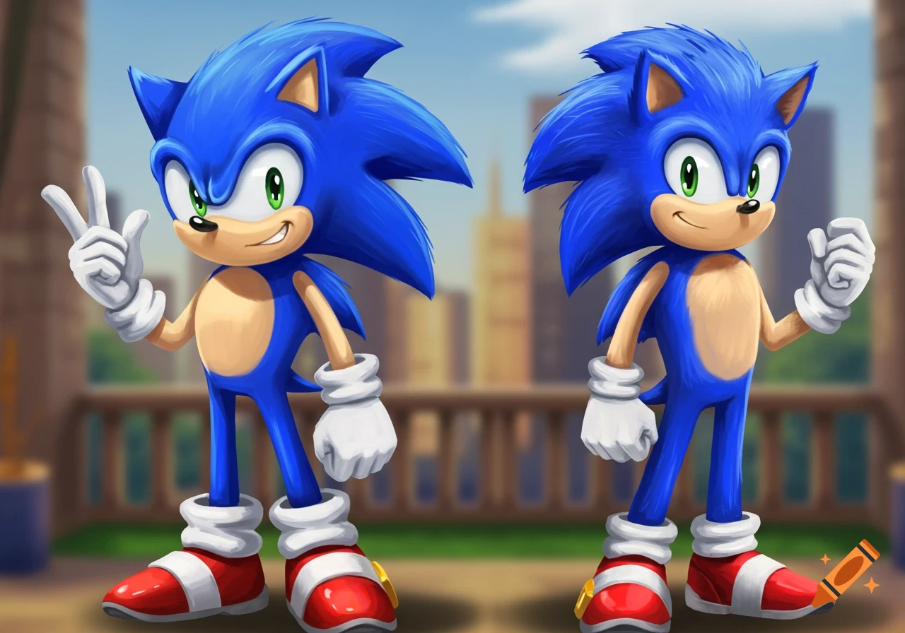 Two instances of Sonic the Hedgehog stand outdoors. The one on the left ...