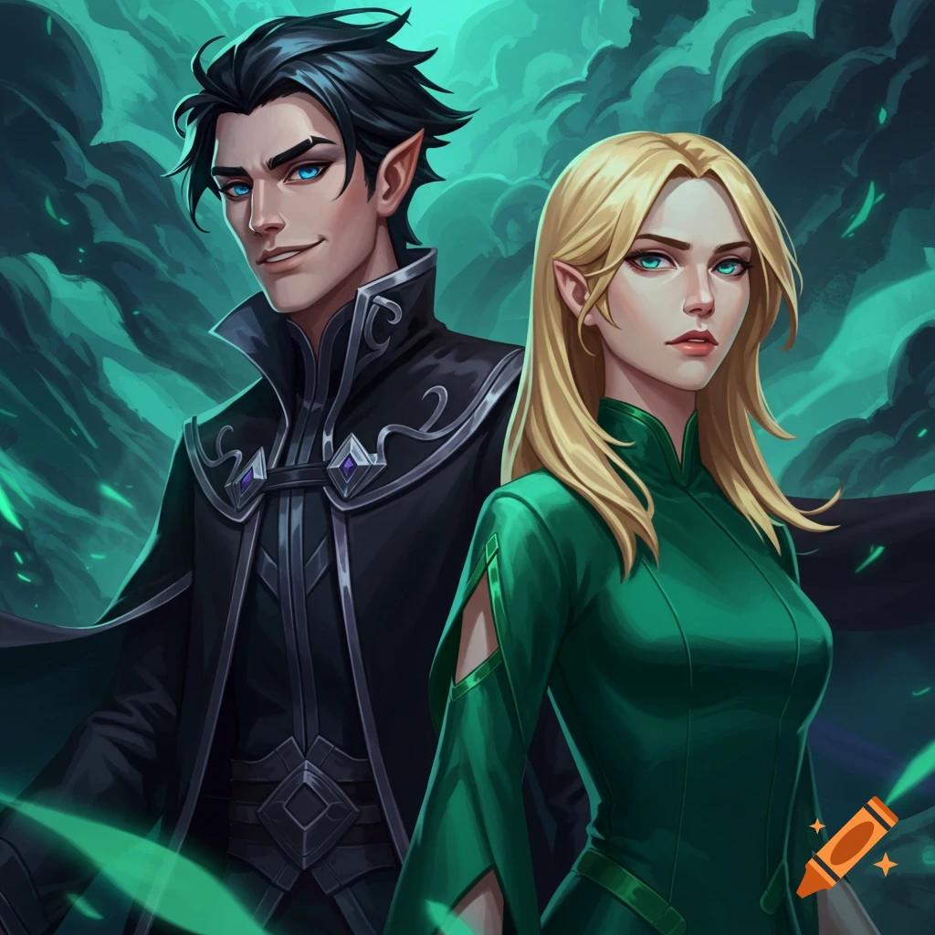 Two fantasy characters, a man and a woman with pointed ears, in a dark ...