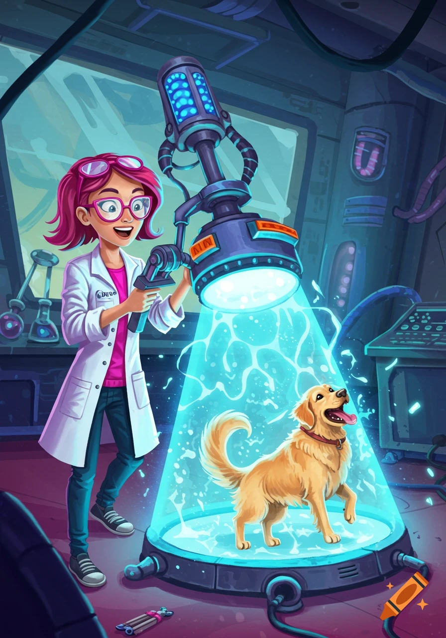 Cartoon illustration of a girl scientist using a shrink ray on a golden ...