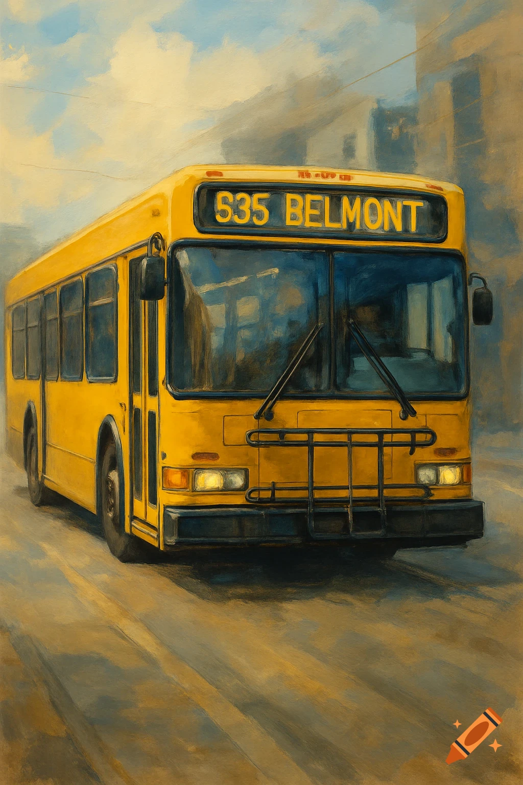 A yellow bus with '535 BELMONT' in a painterly style. on Craiyon