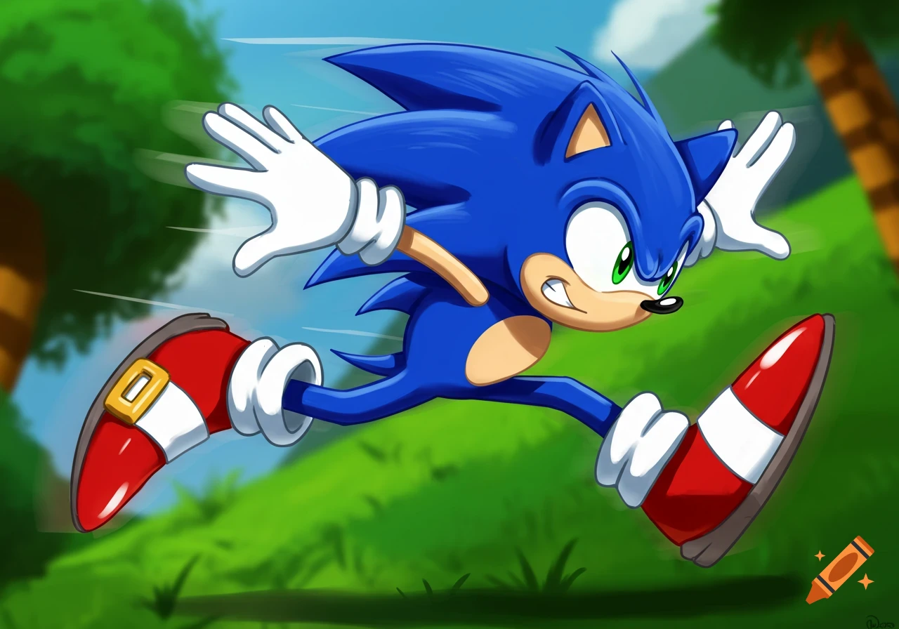 Sonic the Hedgehog runs fast through a grassy landscape in a cartoon ...