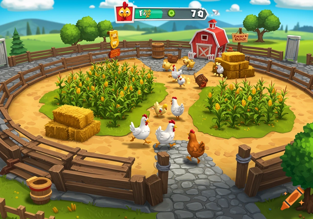 Cartoon chicken farm game arena with corn fields, hay bales, a barn ...