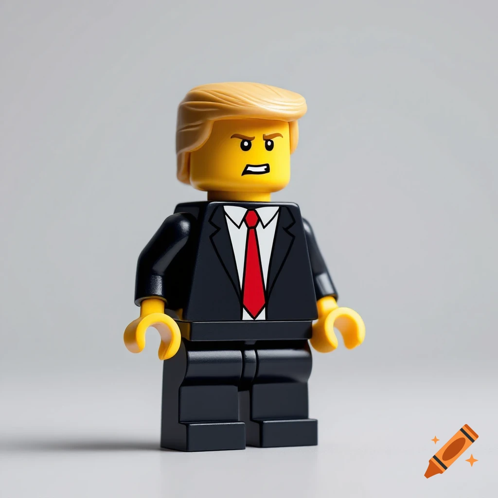 A Lego mini-figure resembling Donald Trump in a suit. on Craiyon