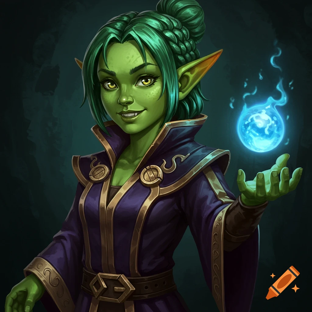 Green-skinned fantasy character wearing warlock robes and holding a ...