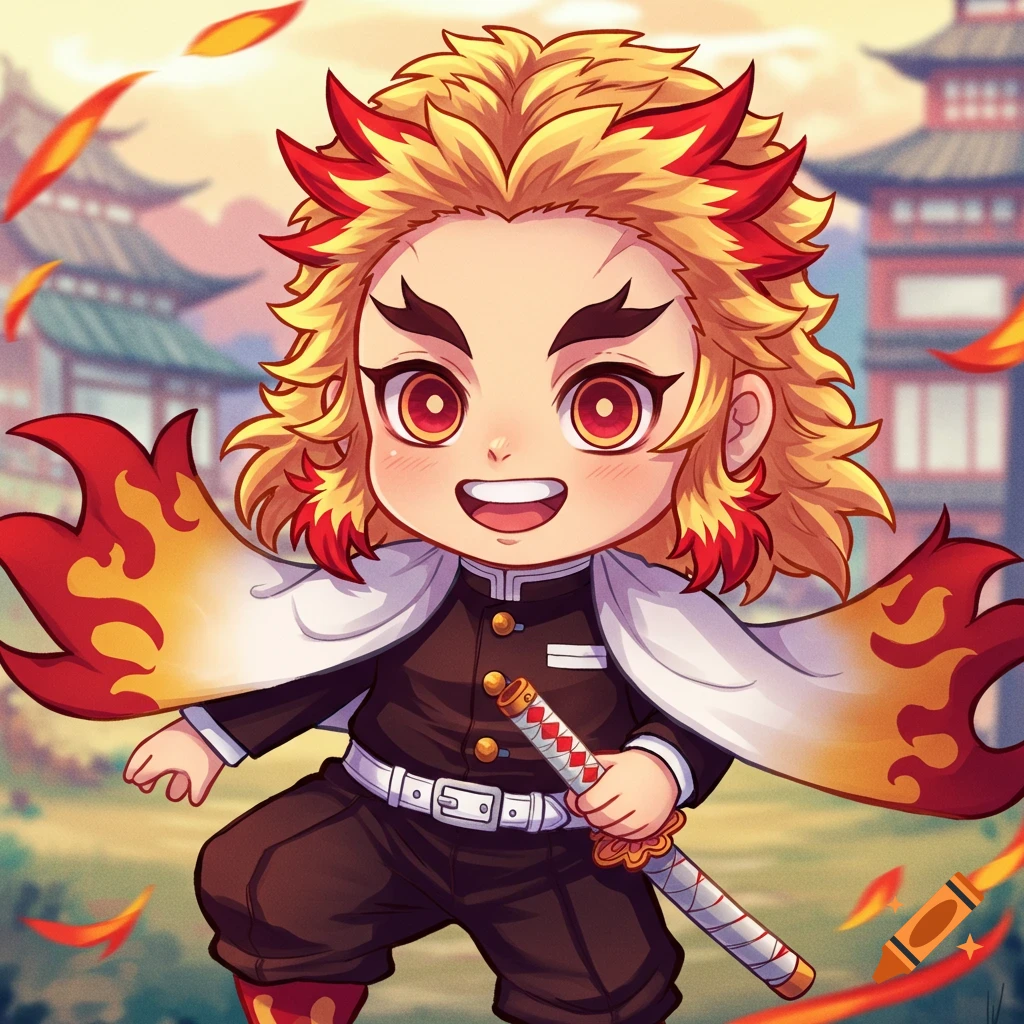 Cute chibi anime character with fiery hair and cape holding a sword in ...